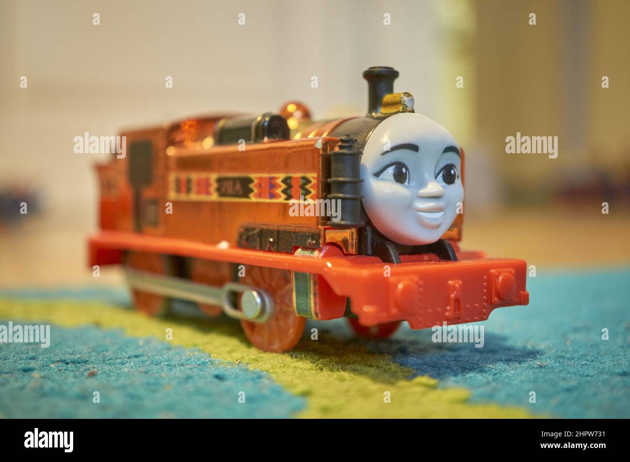 Closeup shot of the Mia Kadosh toy locomotive from the Thomas the Tank ...
