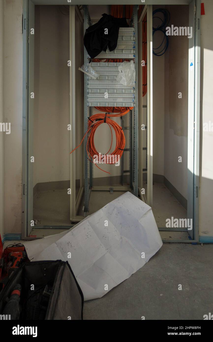 many network cables run in a new building to a server cabinet Stock ...