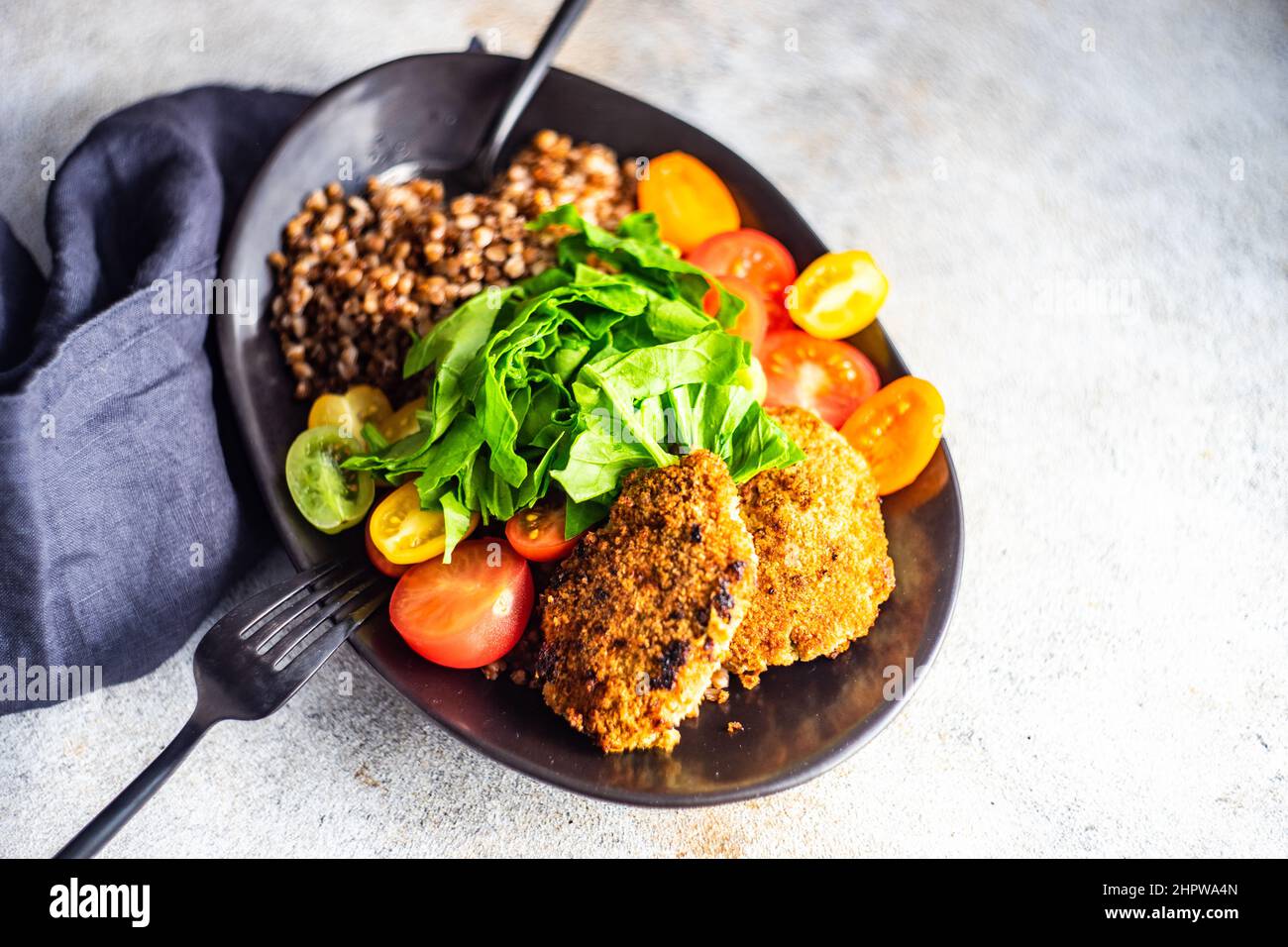 Healthy vegetable and meat cutlet cowl with raw and fresh ingredients ...