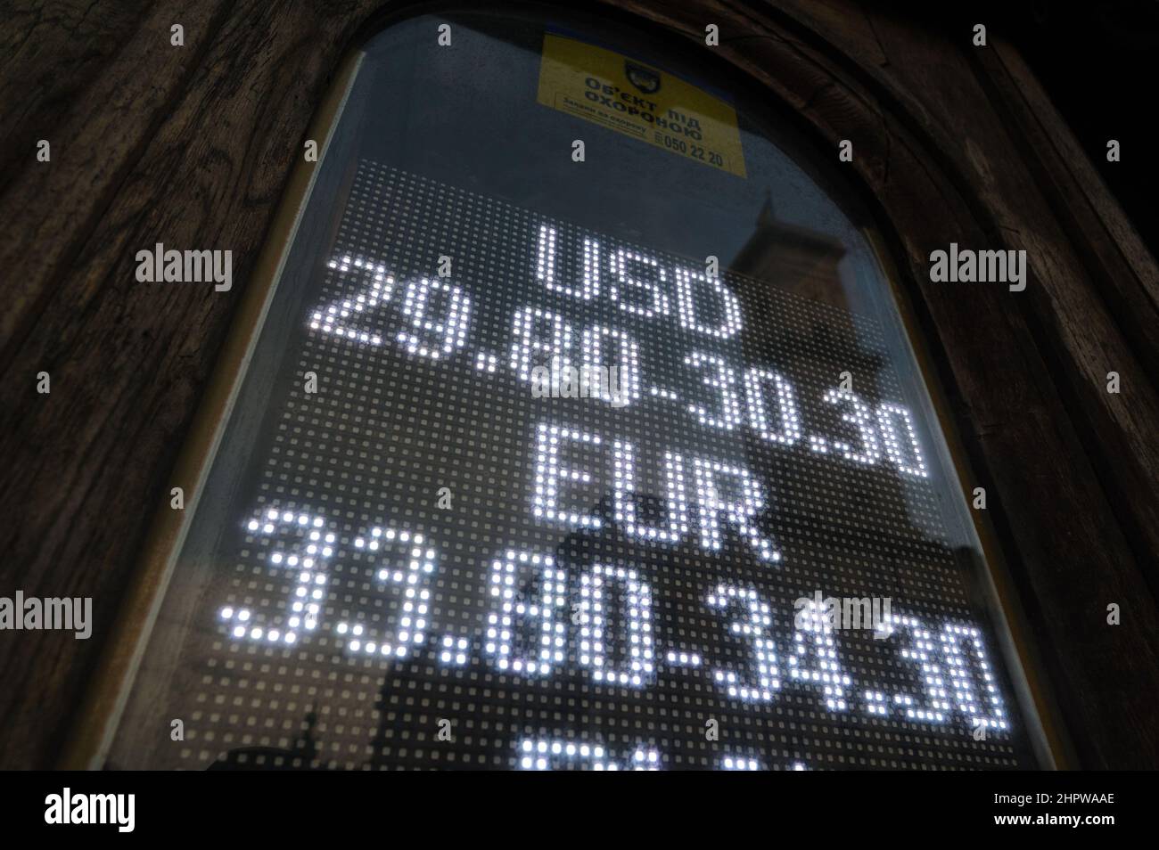 Lviv, Ukraine. 23rd Feb, 2022. A sign displaying conversion rates at a ...