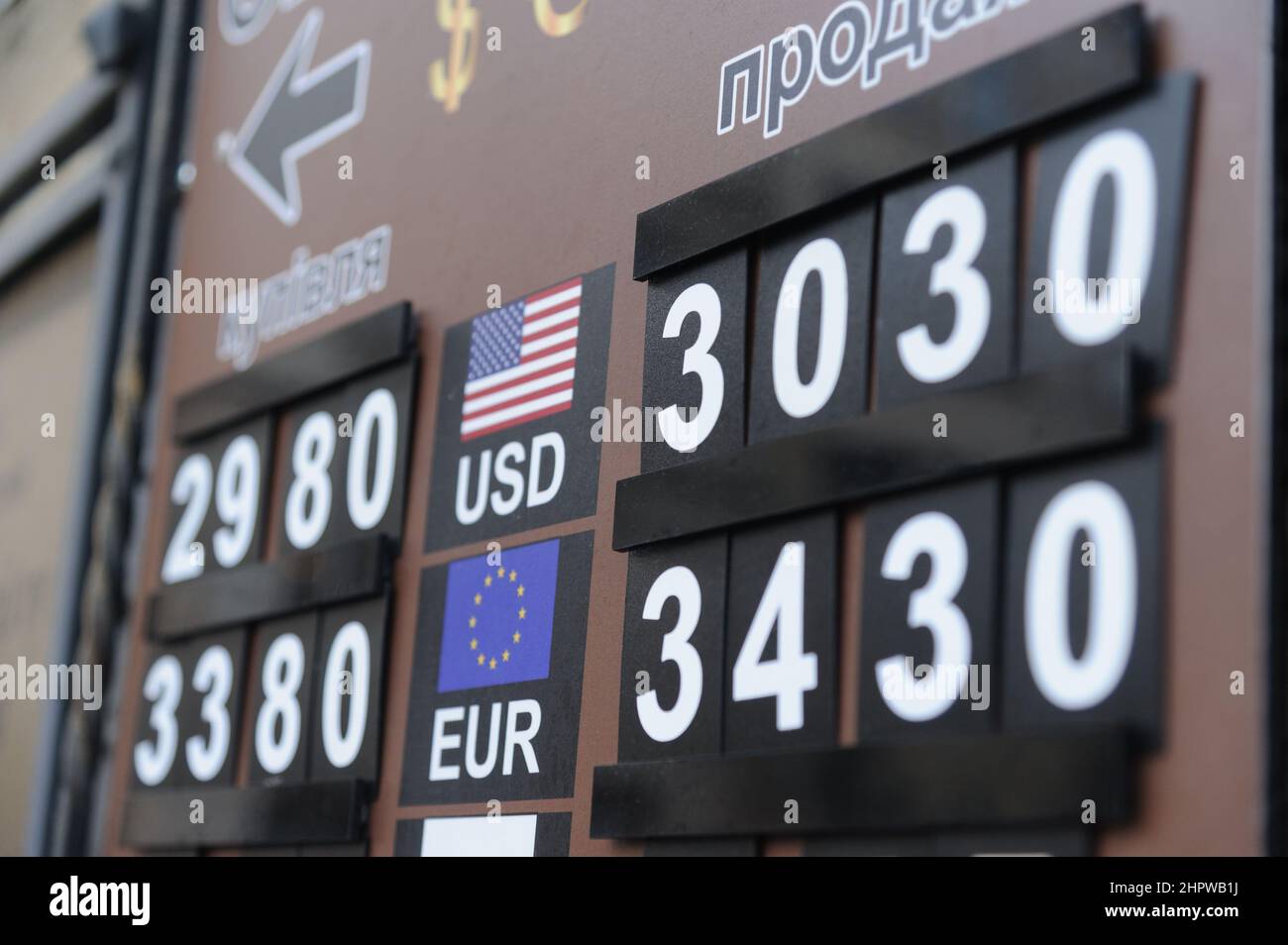 Lviv, Ukraine. 23rd Feb, 2022. A sign displaying conversion rates at a ...