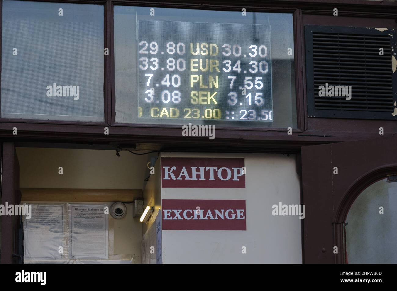 Lviv, Ukraine. 23rd Feb, 2022. A sign displaying conversion rates at a ...