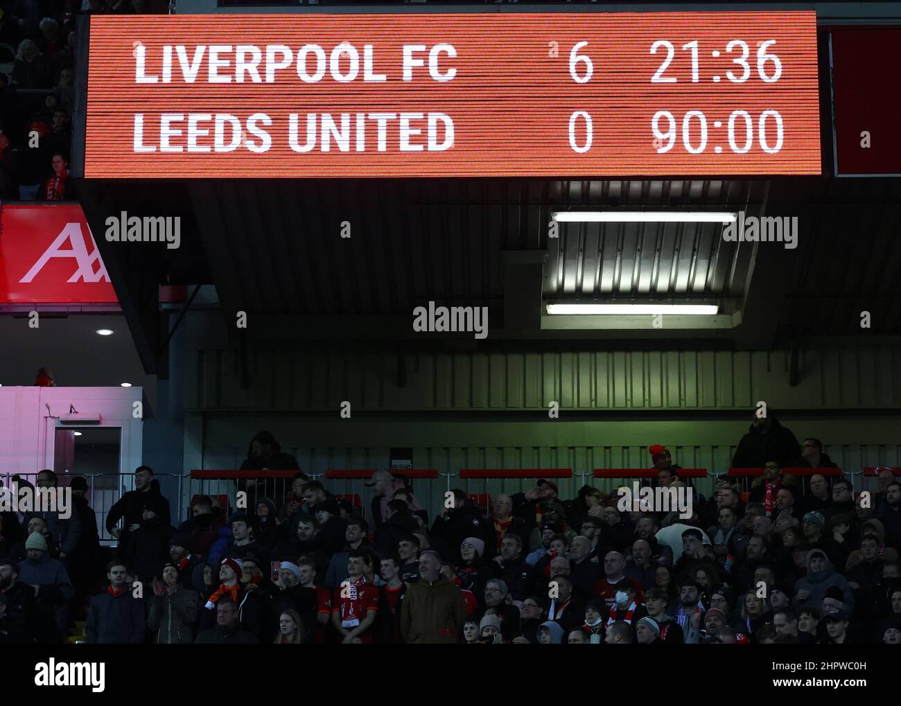Liverpool, England, 23rd February 2022. The scoreboard shows ...