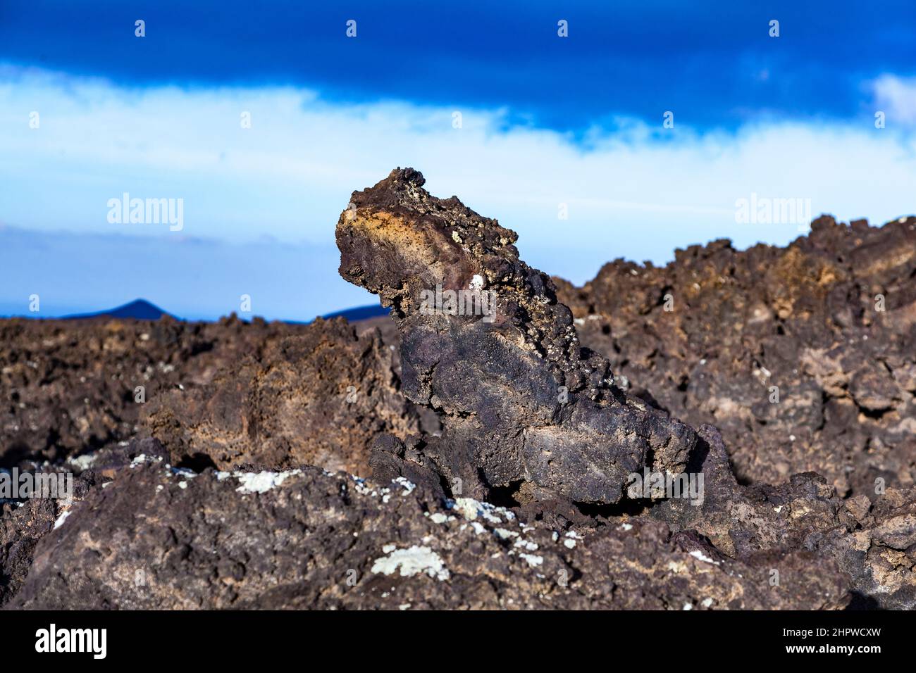 stone sculpture in volcanic landscape in Timanfaya national park Stock ...