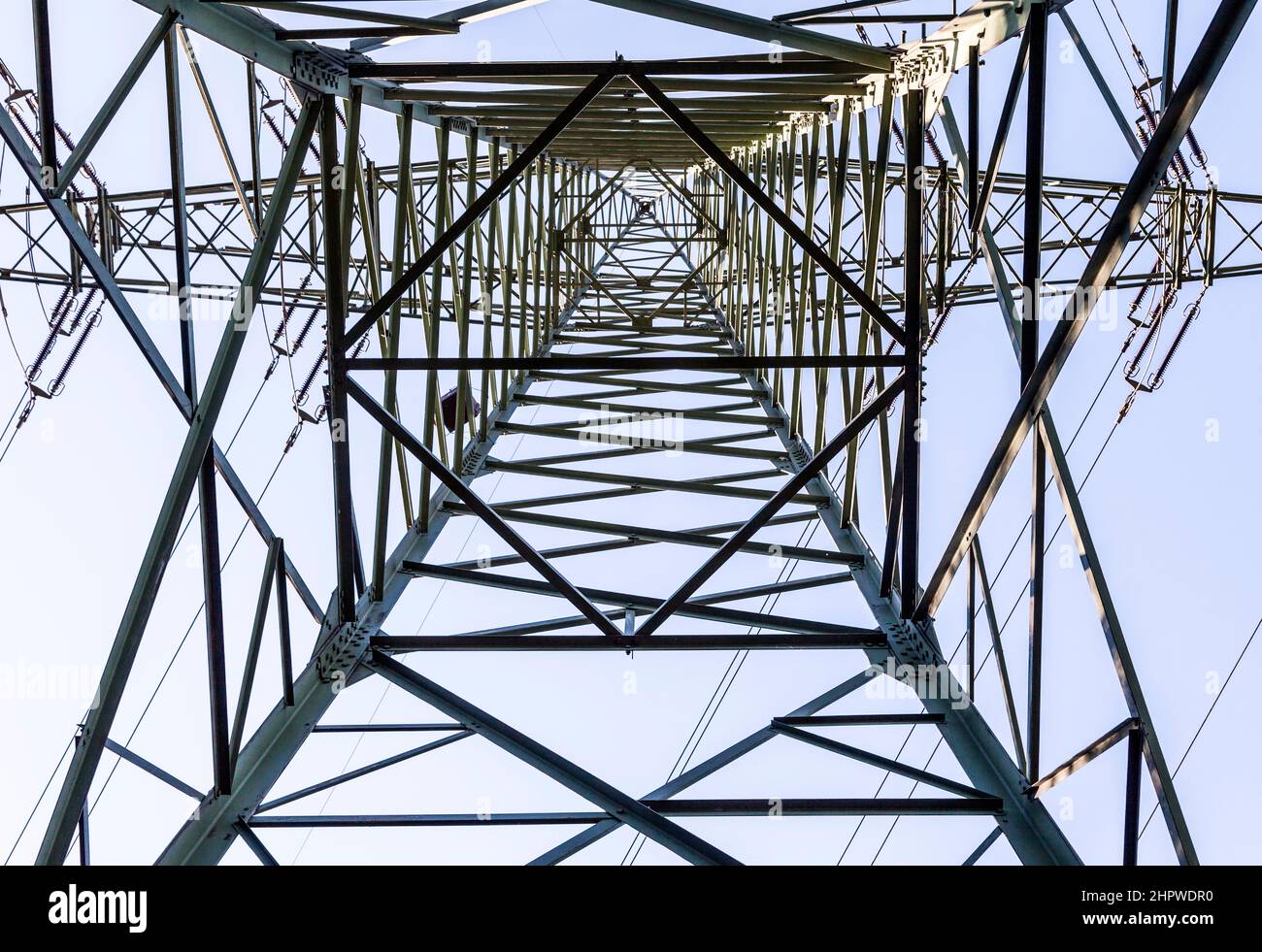 electrical tower from inside perspective of construction Stock Photo ...