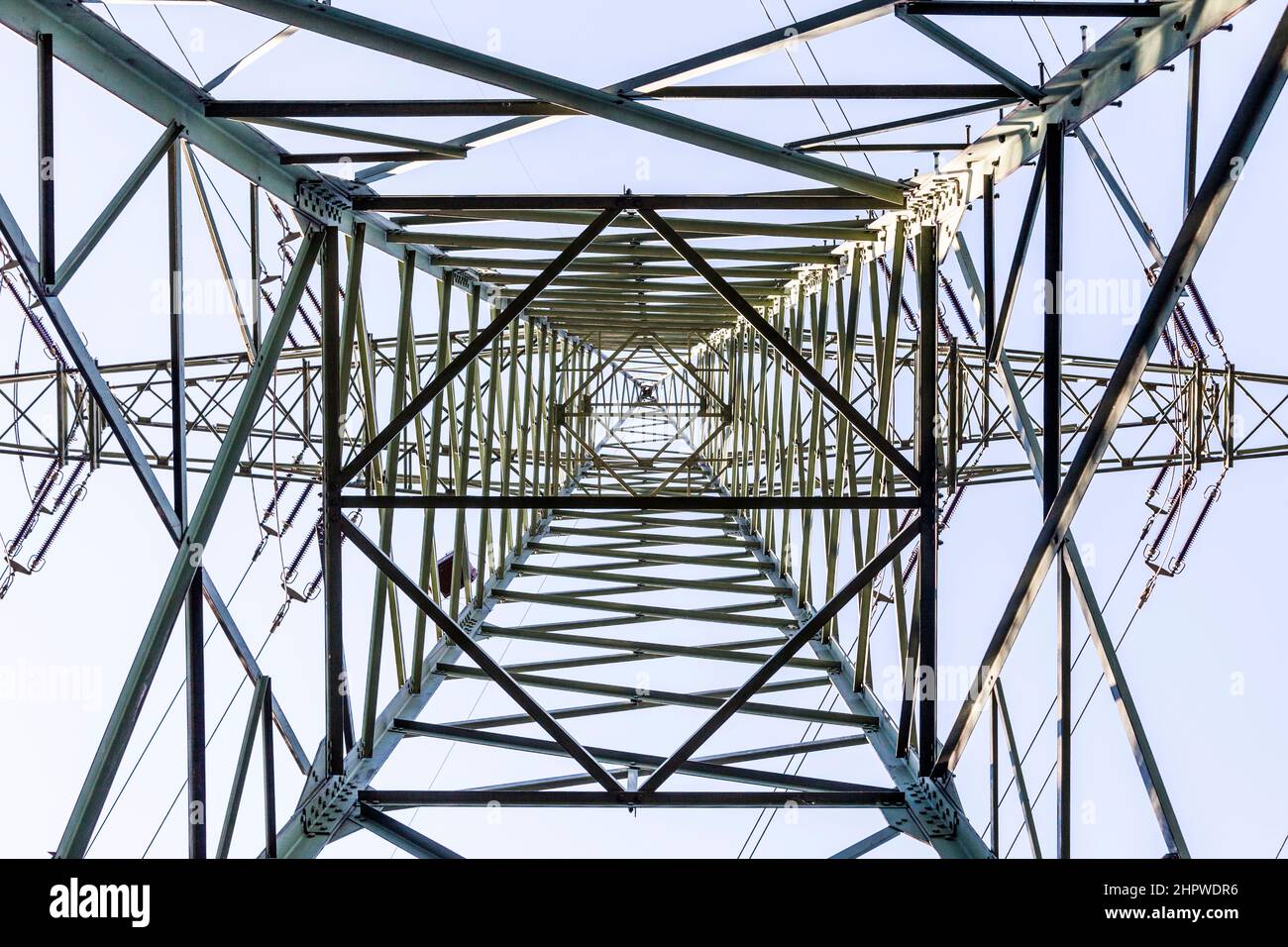 electrical tower from inside perspective of construction Stock Photo ...
