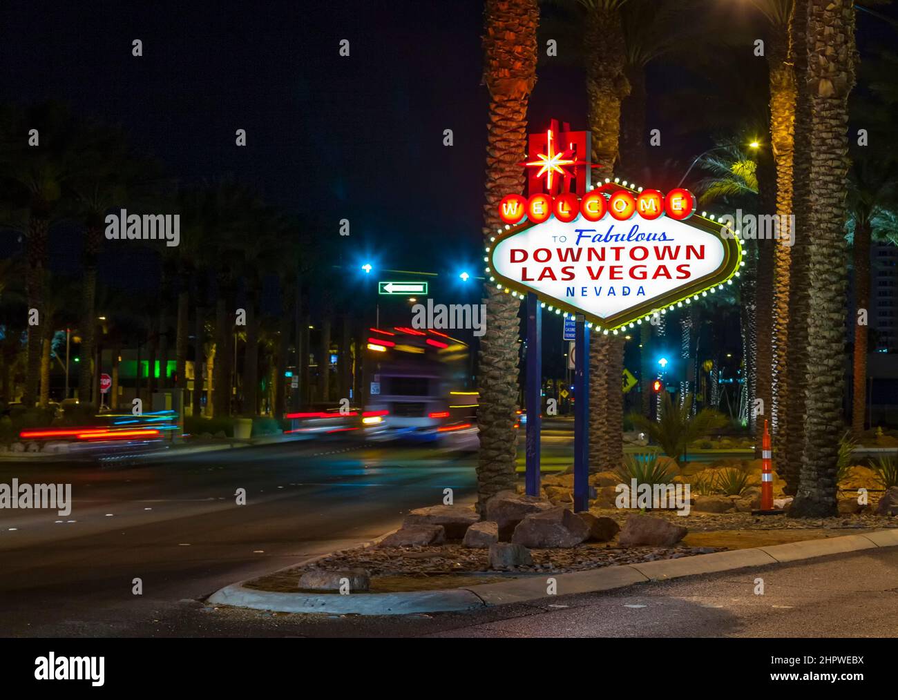 The Welcome to Fabulous Downtown Las Vegas sign by night Stock Photo ...