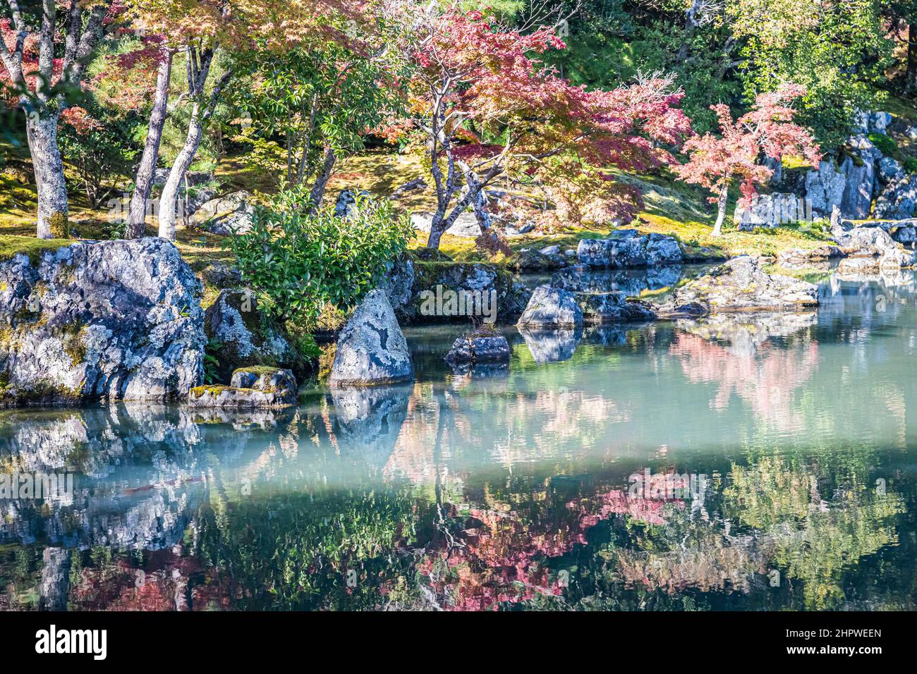 An autumn garden at the Tenryu-Ji Temple in Kyoto Japan with the colors ...