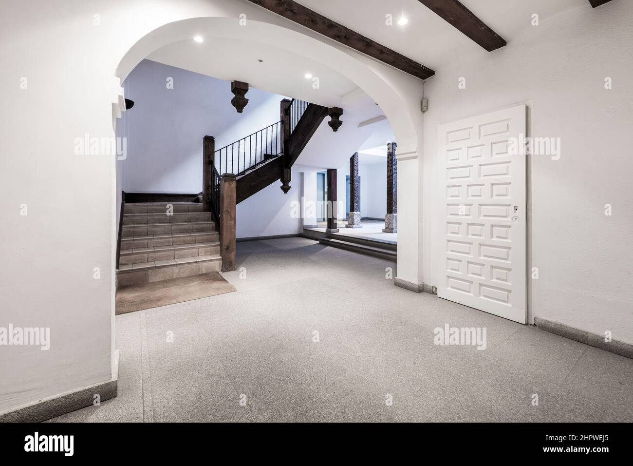 Lobby of a vintage residential apartment building with a large interior ...