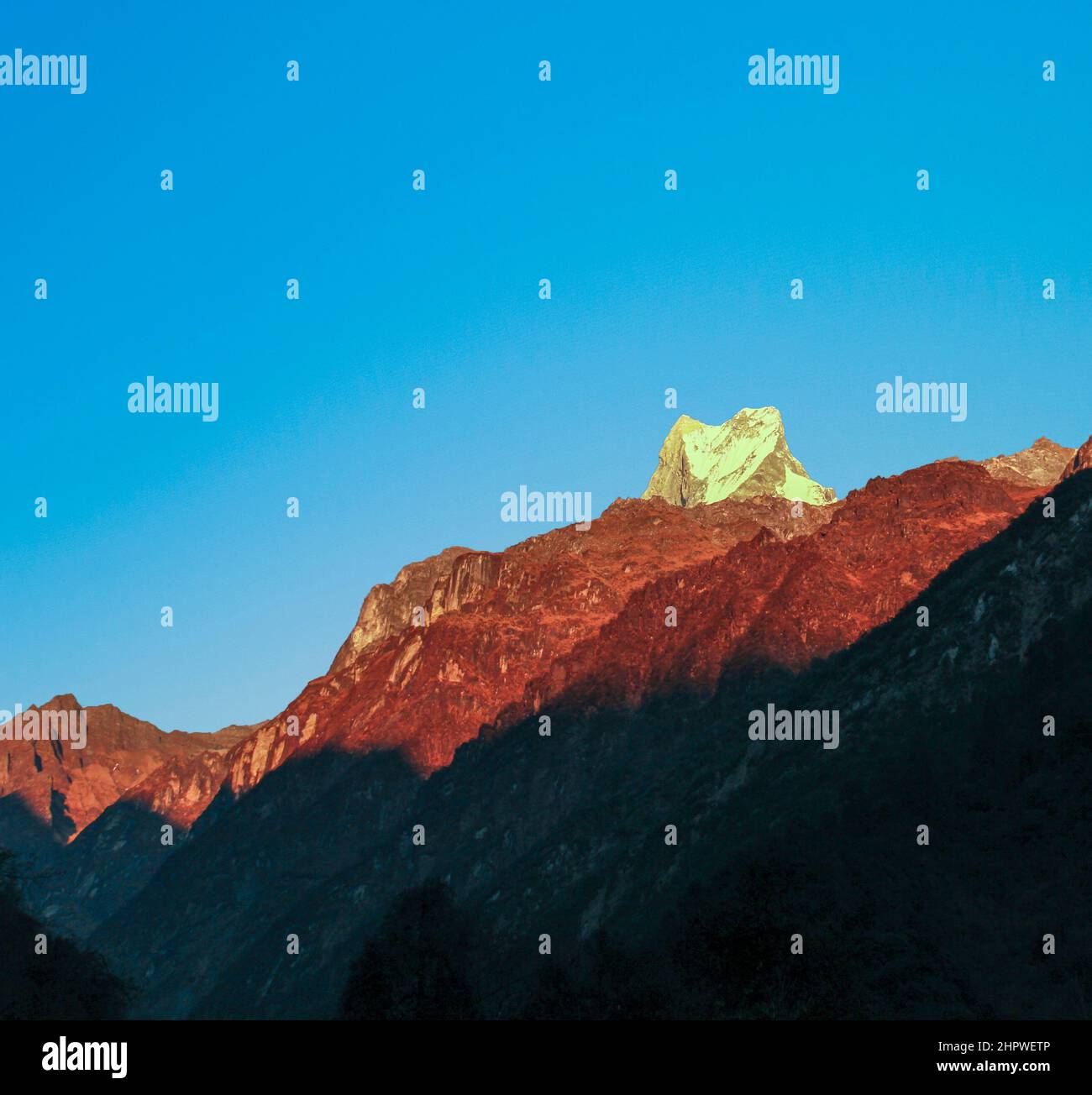 Silhouette of mount Machapuchare, Annapurna area, morning view, Nepal ...