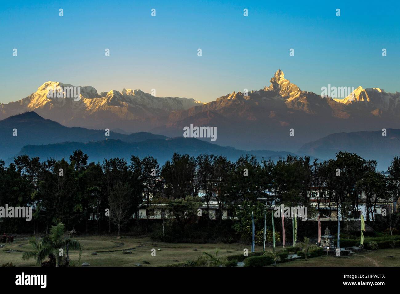 mountains of the Himalaya seen from Pokhara in early morning light ...