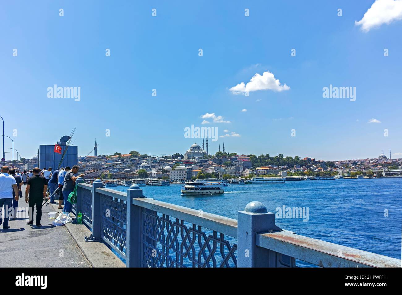 ISTANBUL, TURKEY - JULY 26, 2019: Panoramic view from Galata bridge and ...