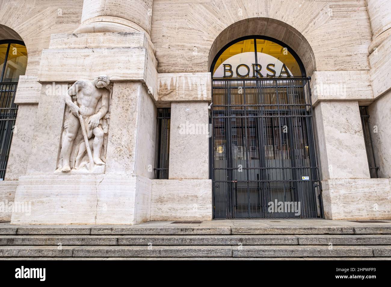 Milan Stock Exchange entrance on Piazza Affari - The building shows the ...