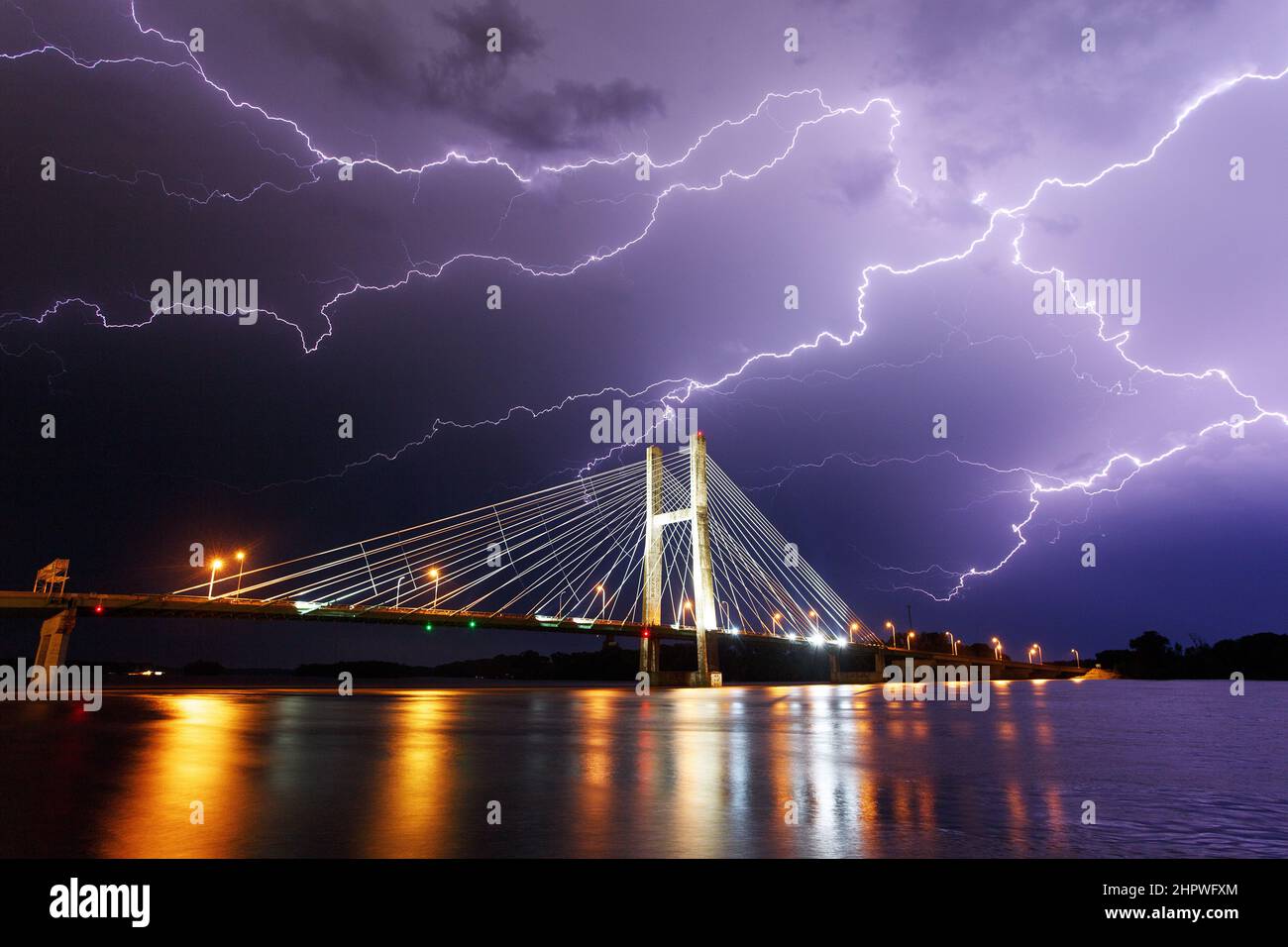 Lightning above the Great River Bridge in Burlington, Iowa during a ...