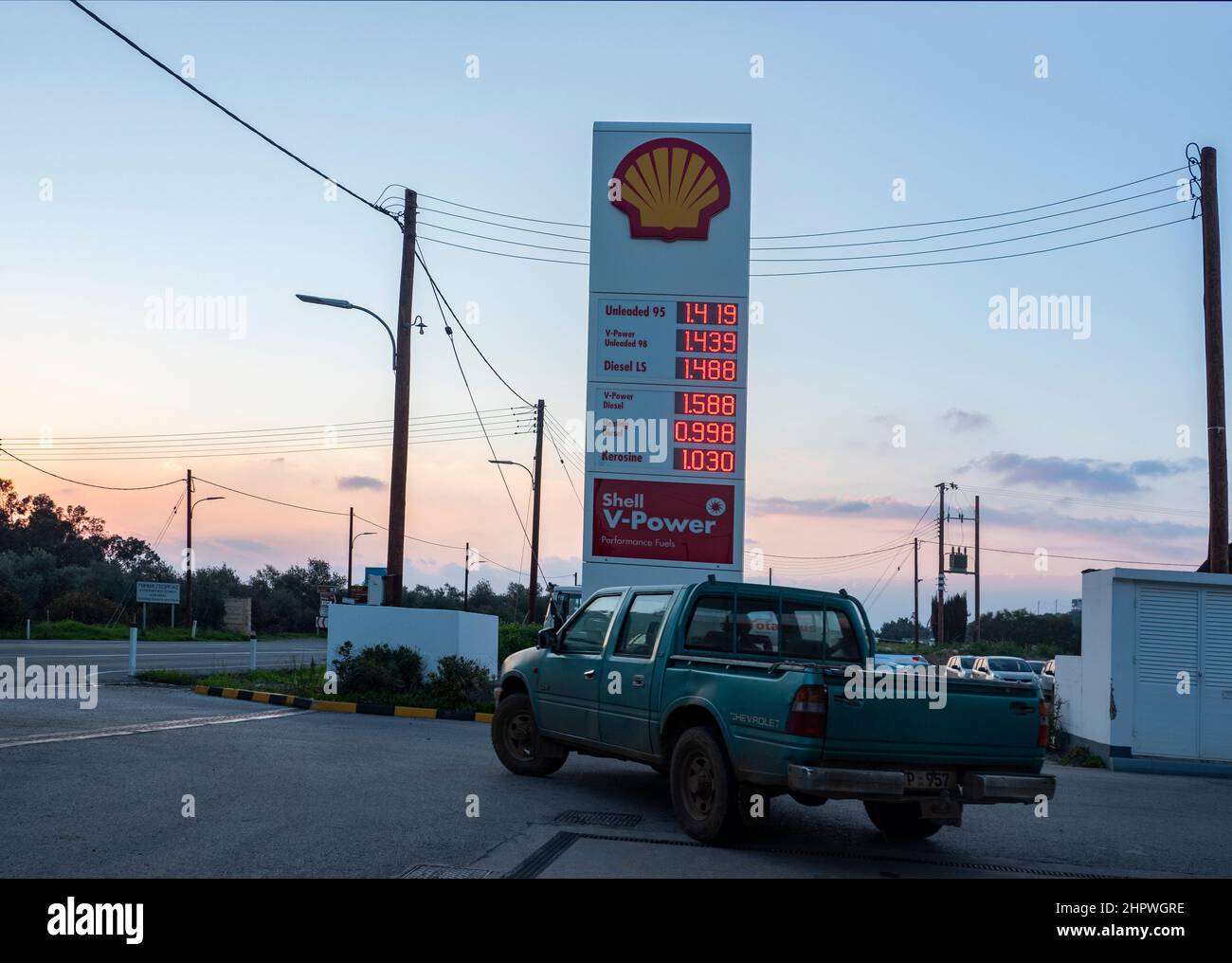 Chevrolet pickup drives past Shell gas station in Paphos Stock Photo ...