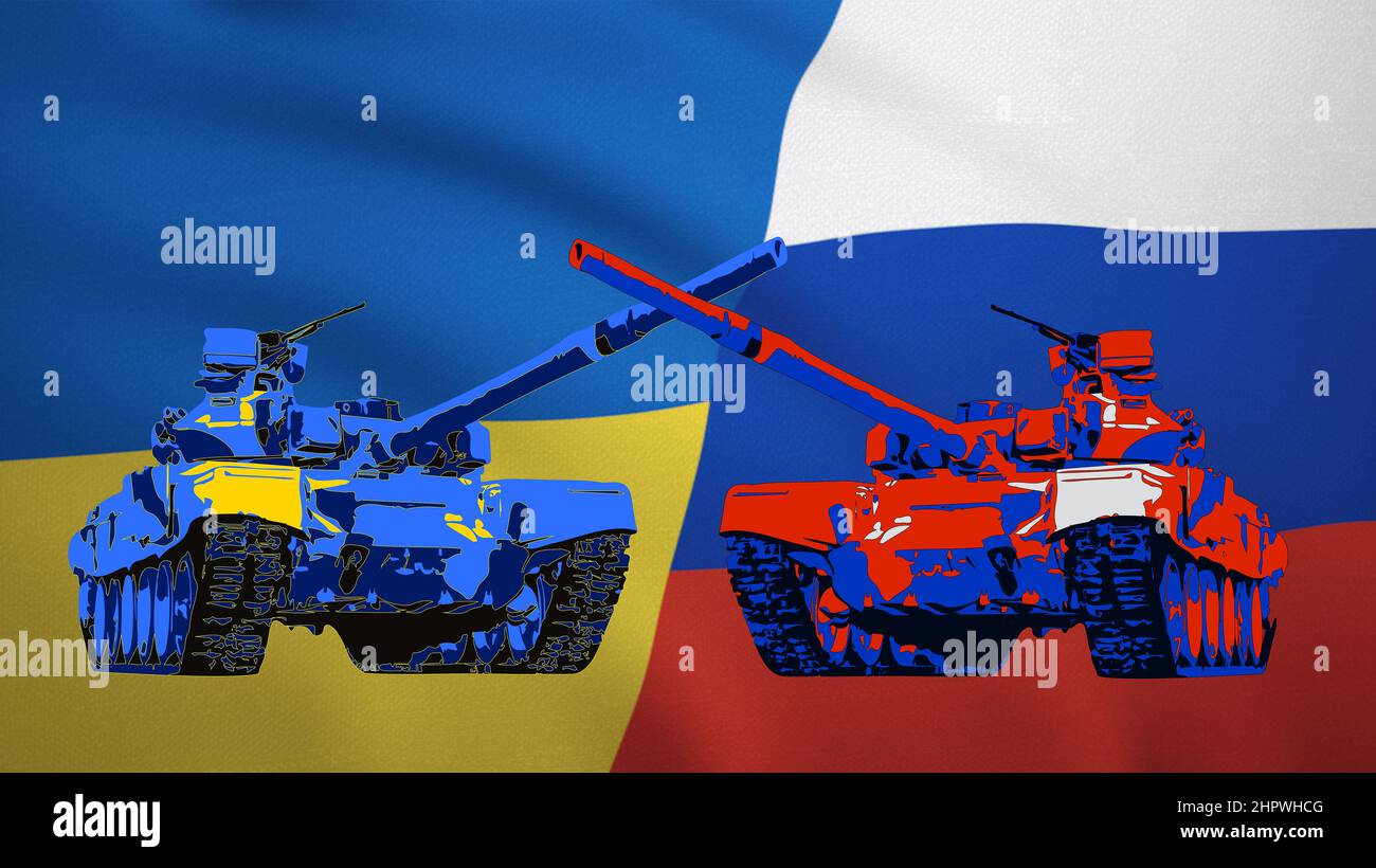 Ukraine and Russian tanks stand in front of each other in flags ...