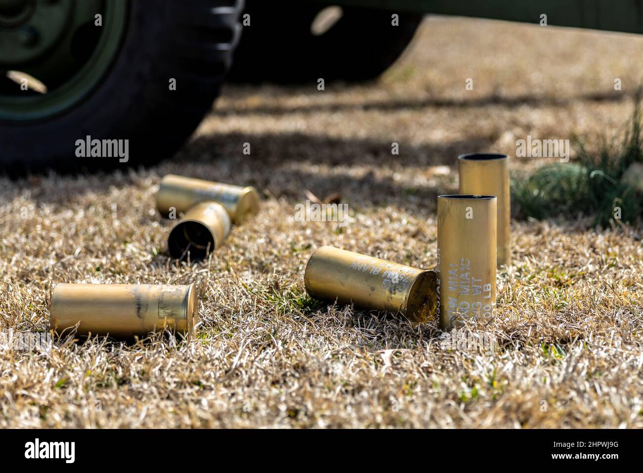 105mm cannon shells lie on the ground after a ceremony on Marine Corps ...