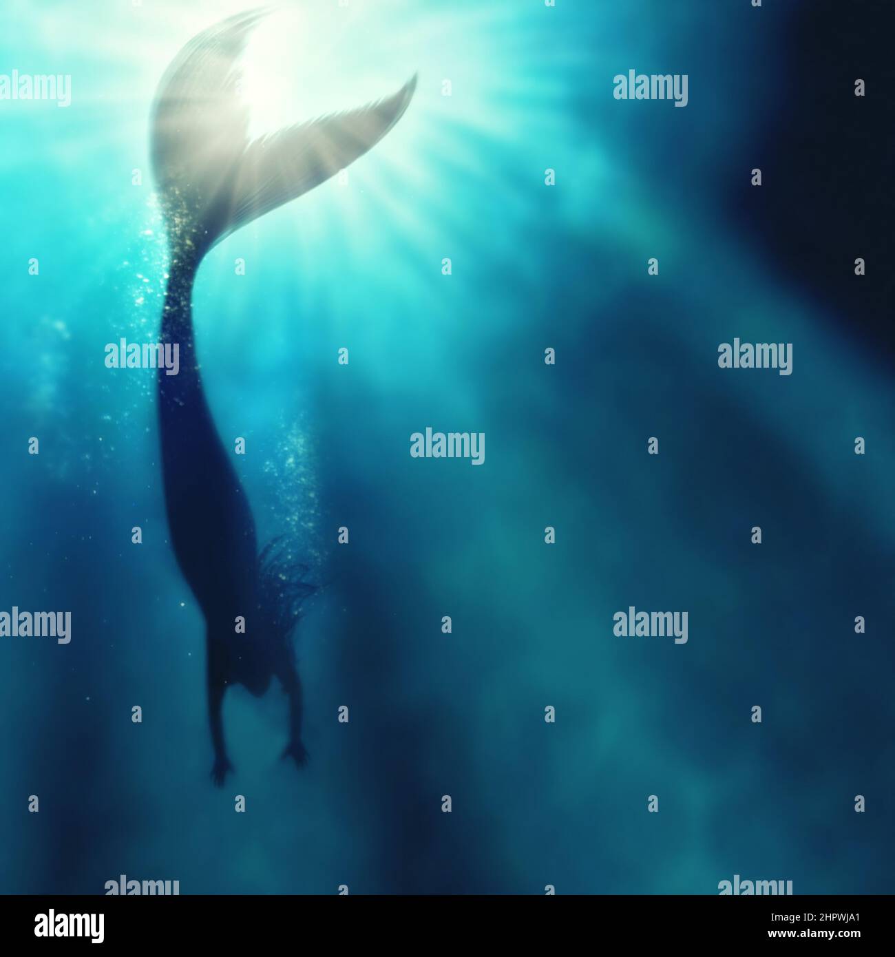 A silhouette shot of a mermaid swimming in solitude in the deep blue ...