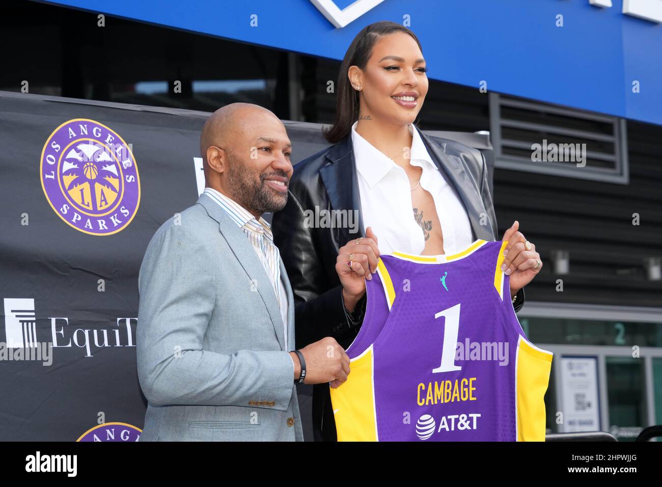Liz Cambage (right) poses with Los Angeles Sparks general manager and ...