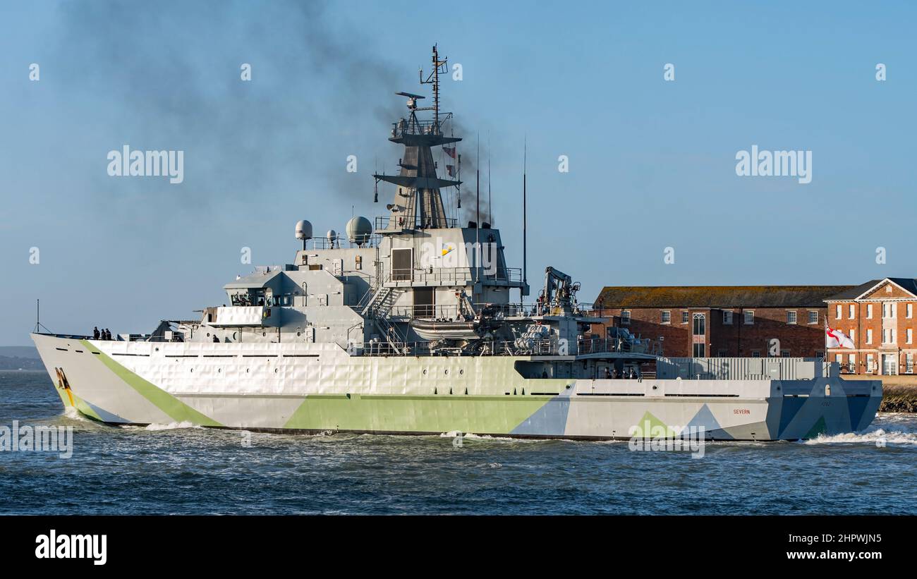 The Royal Navy offshore patrol vessel HMS Severn (P282) seen leaving ...
