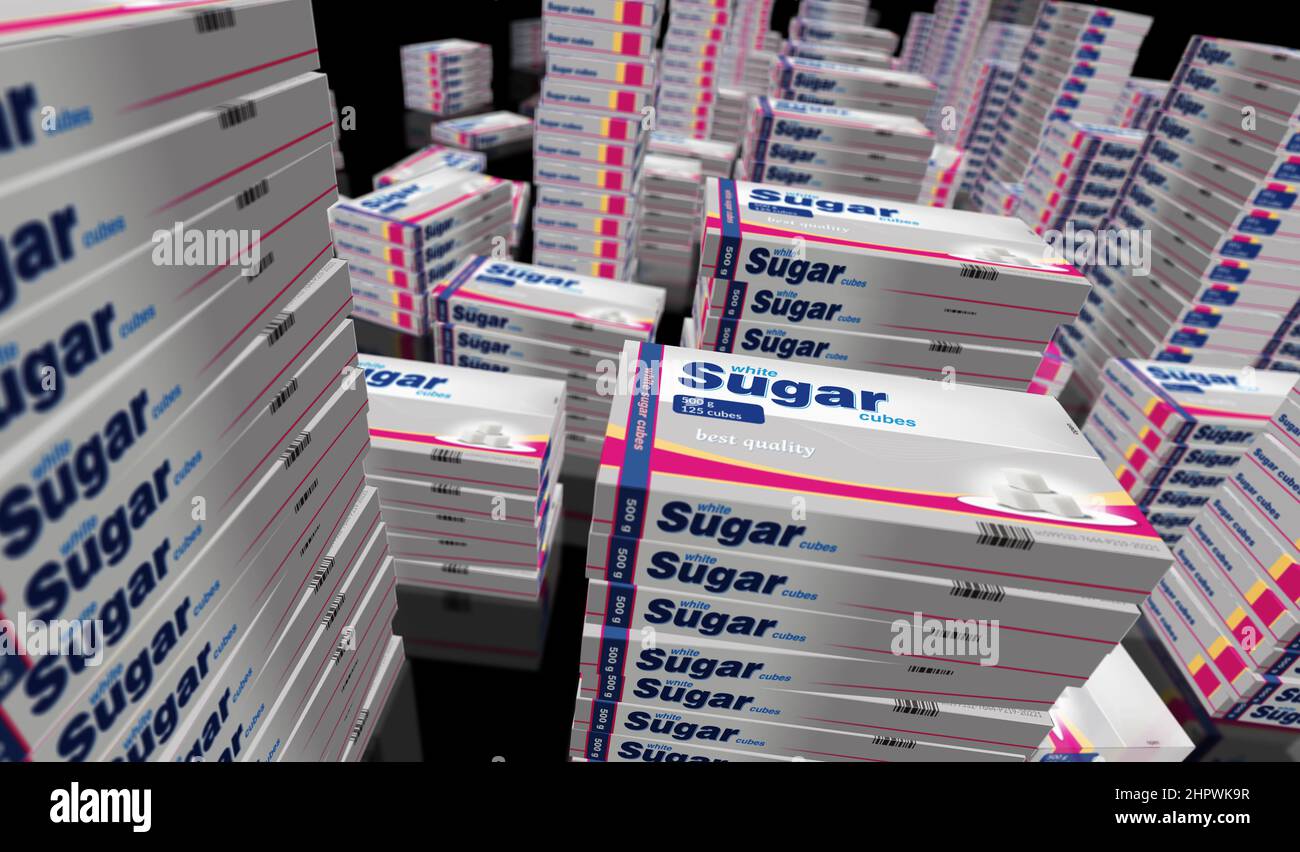 Sugar cubes pack box production. Unhealthy diet abstract concept 3d ...