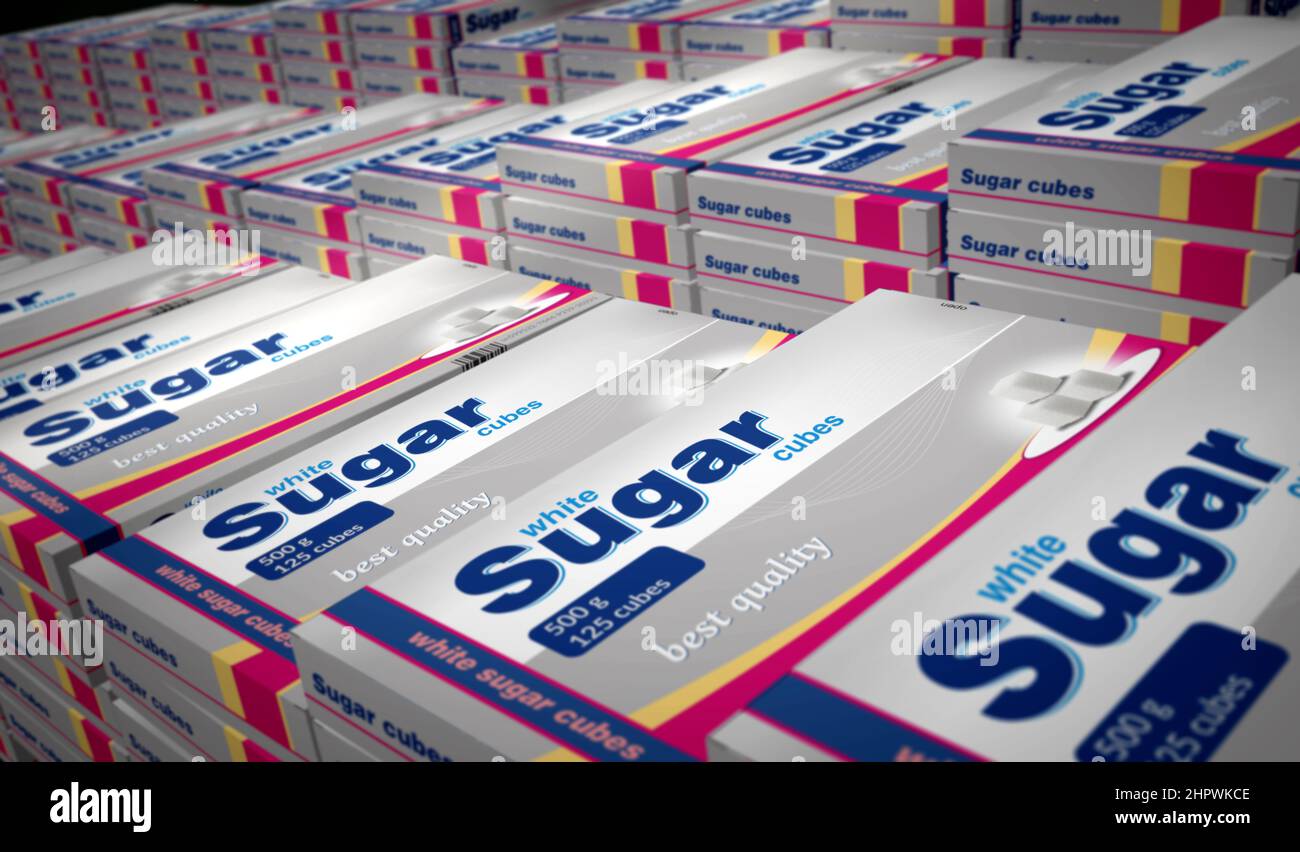Sugar cubes pack box production. Unhealthy diet abstract concept 3d ...