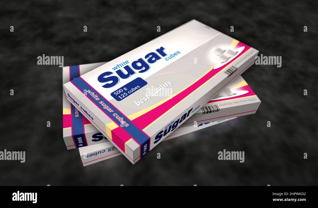 Sugar cubes pack box production. Unhealthy diet abstract concept 3d ...