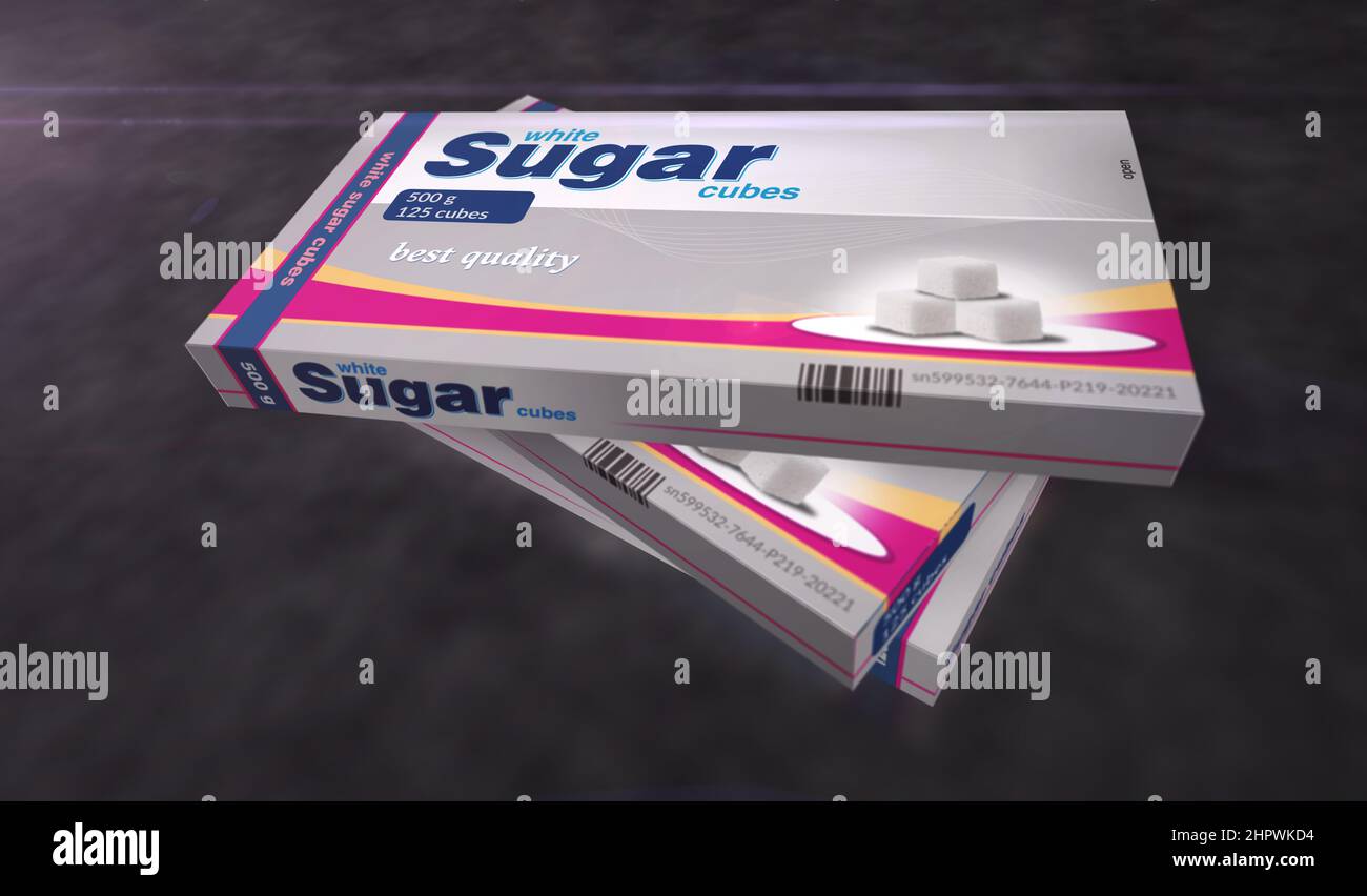 Sugar cubes pack box production. Unhealthy diet abstract concept 3d ...