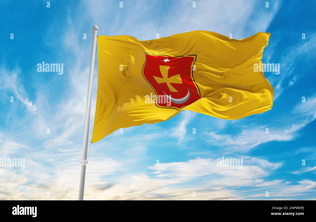 flag of Konotop , Ukraine at cloudy sky background on sunset, panoramic ...