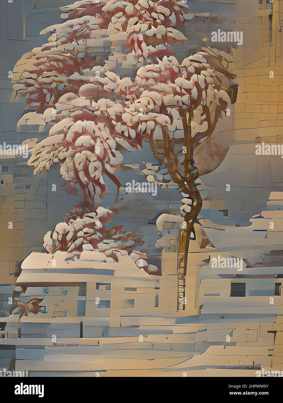 An illustration of a landscape with tree branches covered with ice and ...