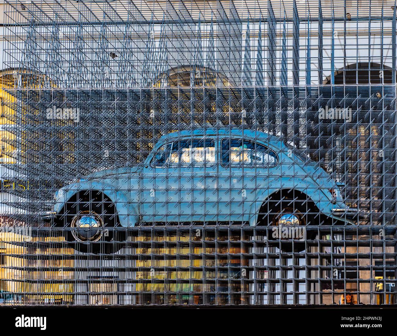 Wire mesh, VW beetle, sparrows, birds, Karlsruhe, Baden-Wuerttemberg ...