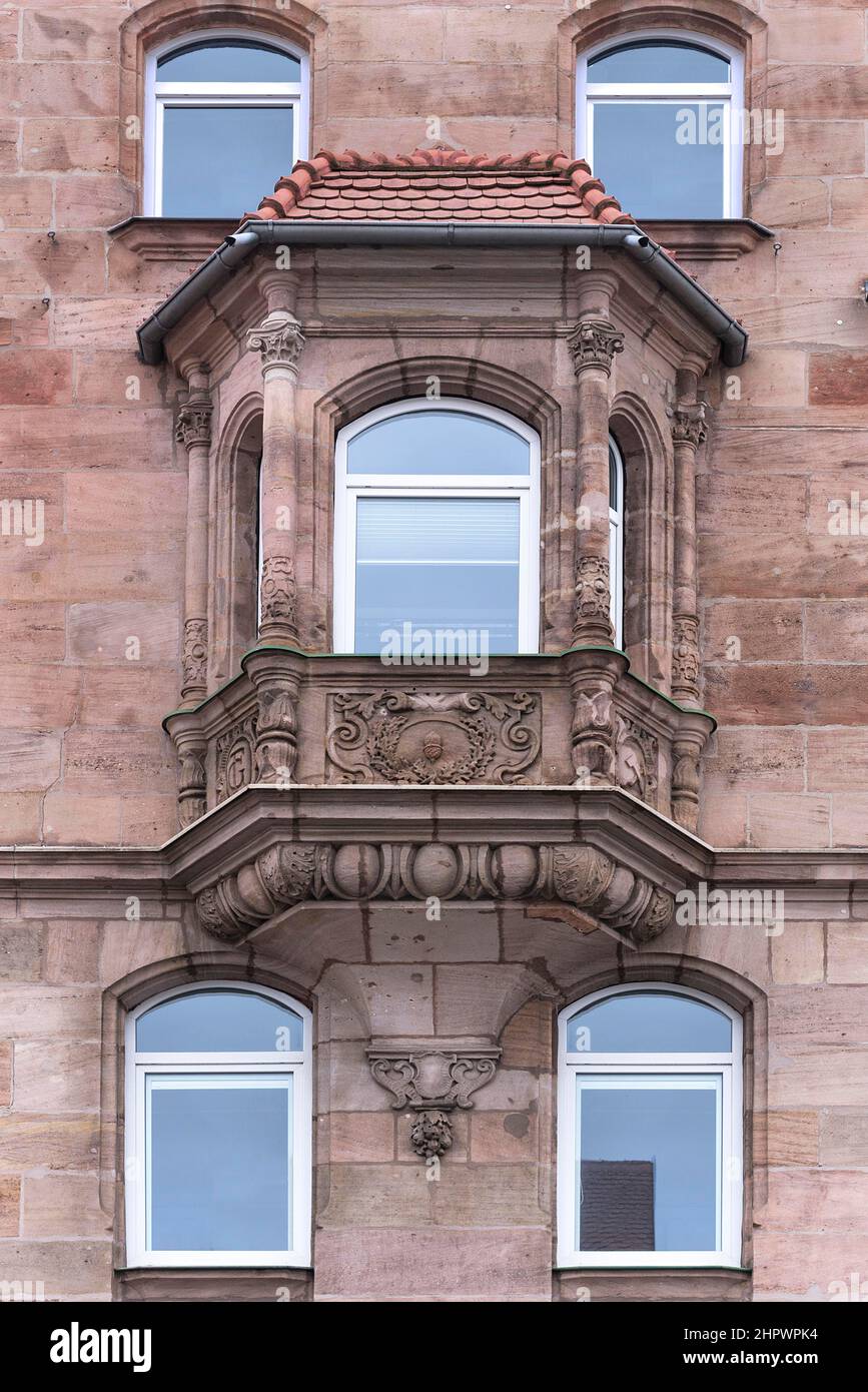 Sandstone bay window in neo-Renaissance style, built in 1903 on a ...