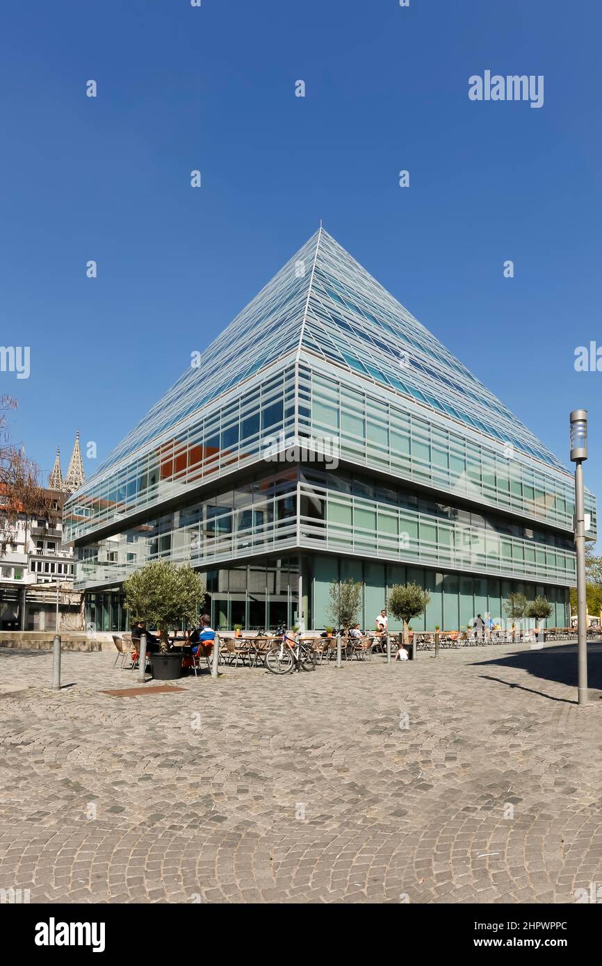 City library, glass pyramid, building, modern architecture, tables ...
