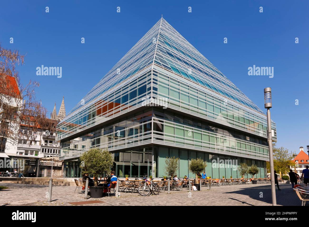 City library, glass pyramid, building, modern architecture, tables ...