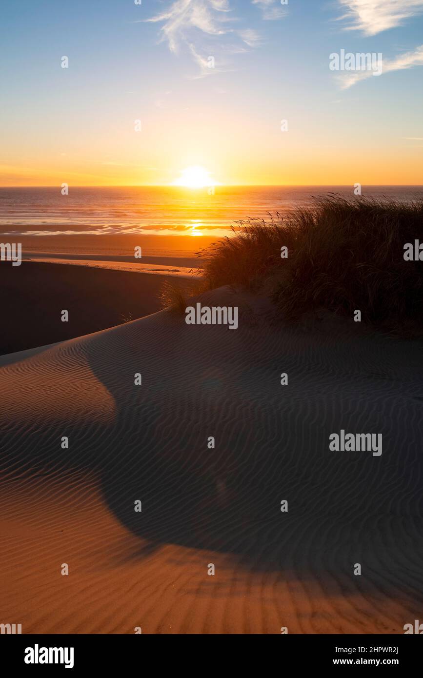 Sunset over the sea, sandy beach with sand dunes on the coast, Alder ...