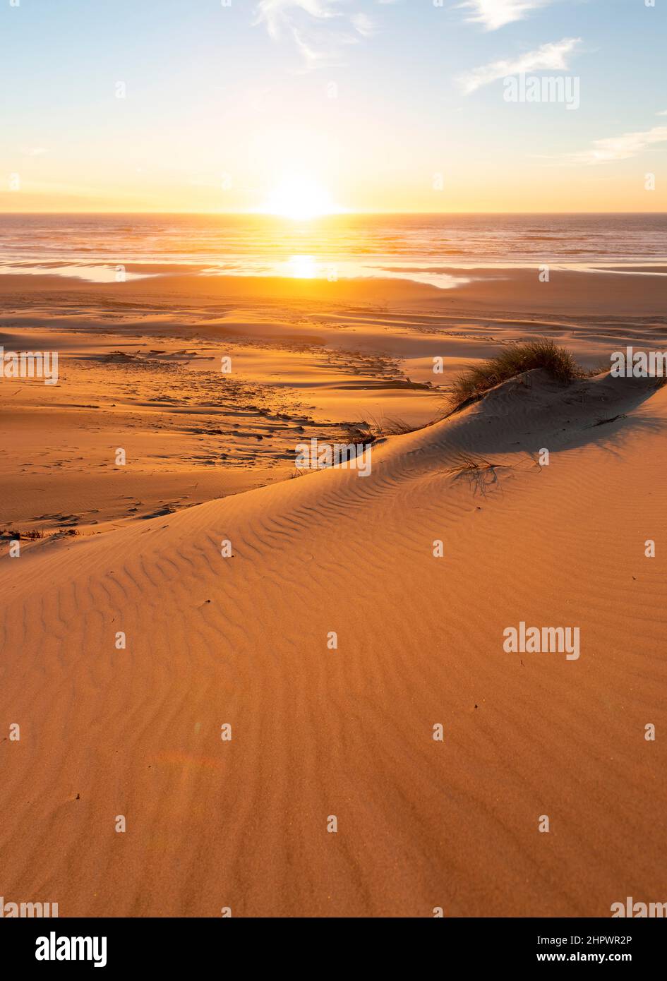 Sunset over the sea, sandy beach with sand dunes on the coast, Alder ...