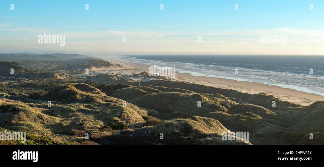 View over Baker Beach, coastal landscape with long sandy beach and ...