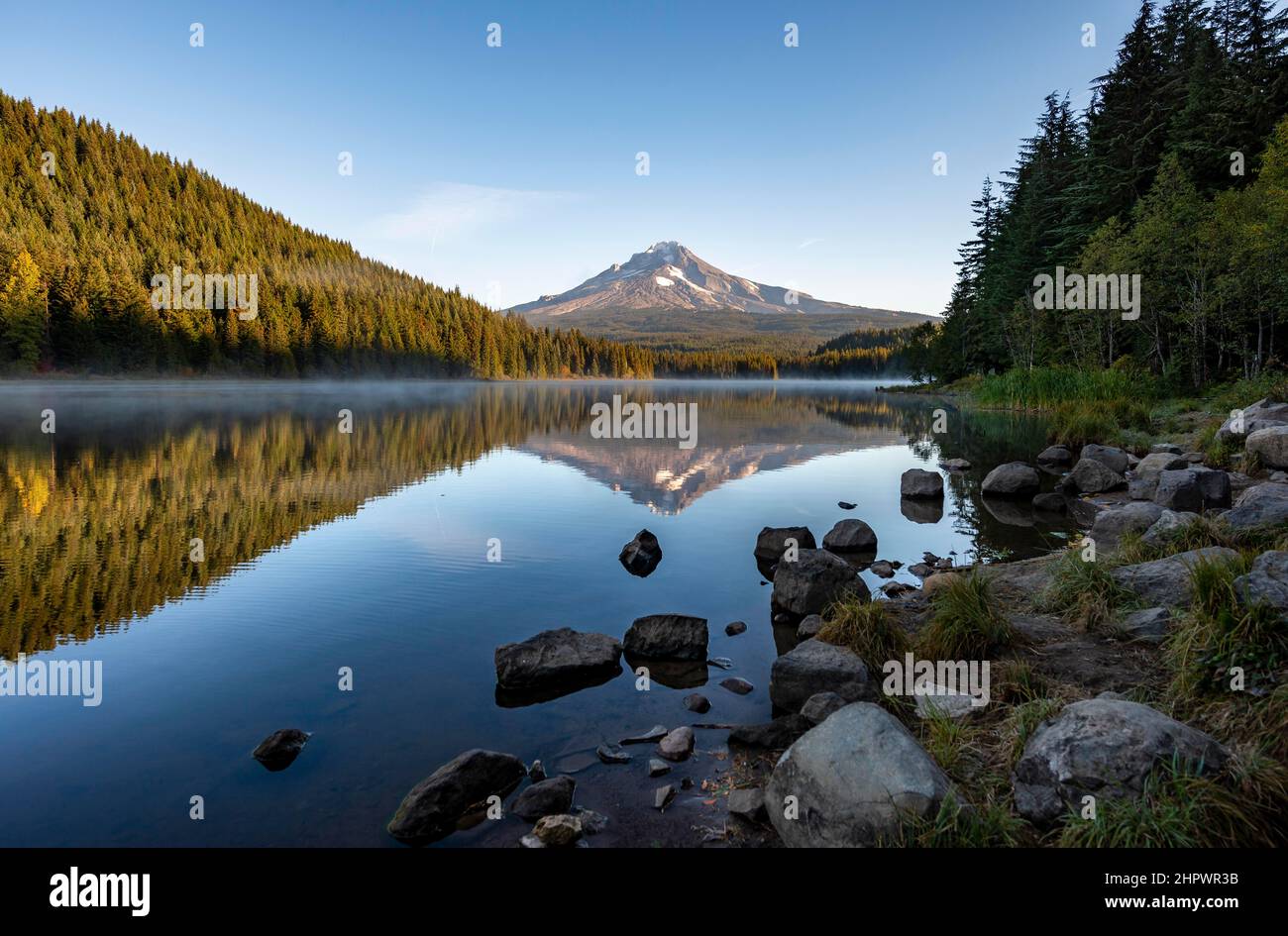 Lake shore, reflection of Mt. Hood volcano in Trillium Lake, in morning ...
