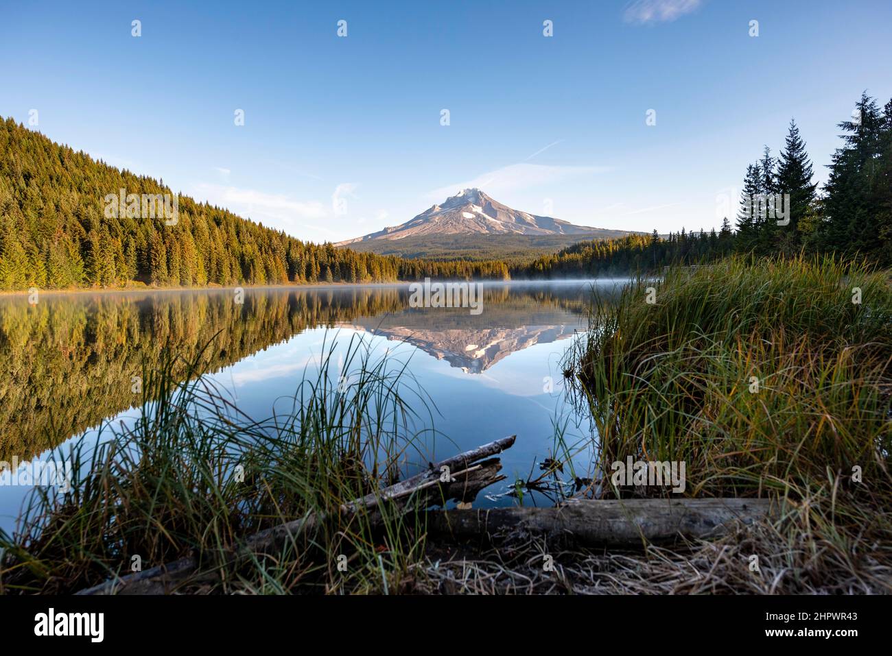 Lake shore, reflection of Mt. Hood volcano in Trillium Lake, in morning ...