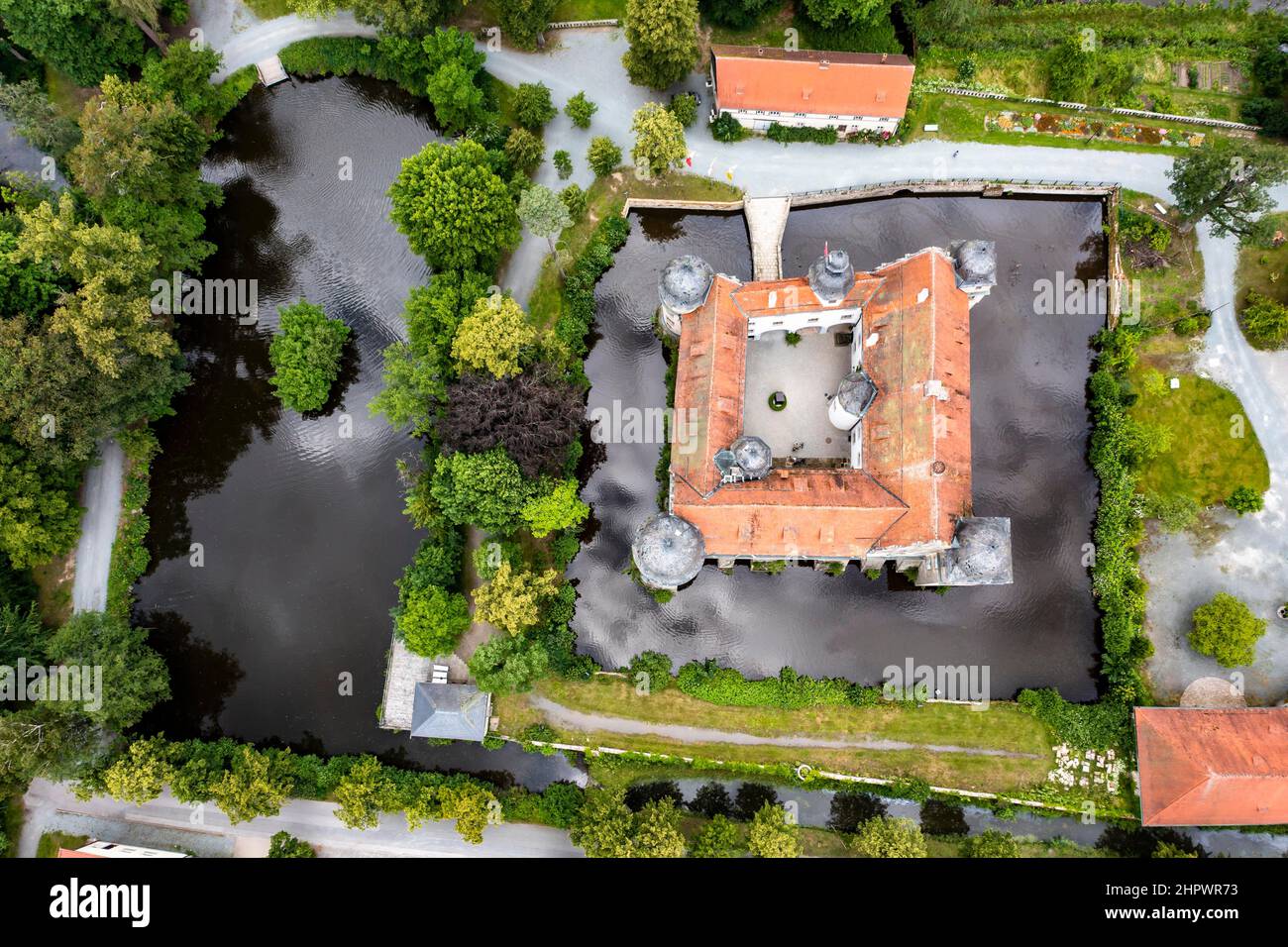 Aerial view, Mitwitz moated castle, Kronach district, Upper Franconia ...