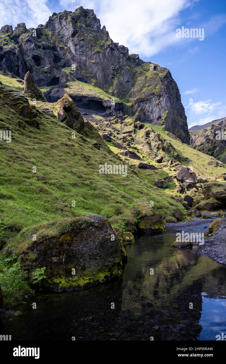 River in a gorge, landscape with mountains, Pakgil, Iceland Stock Photo ...