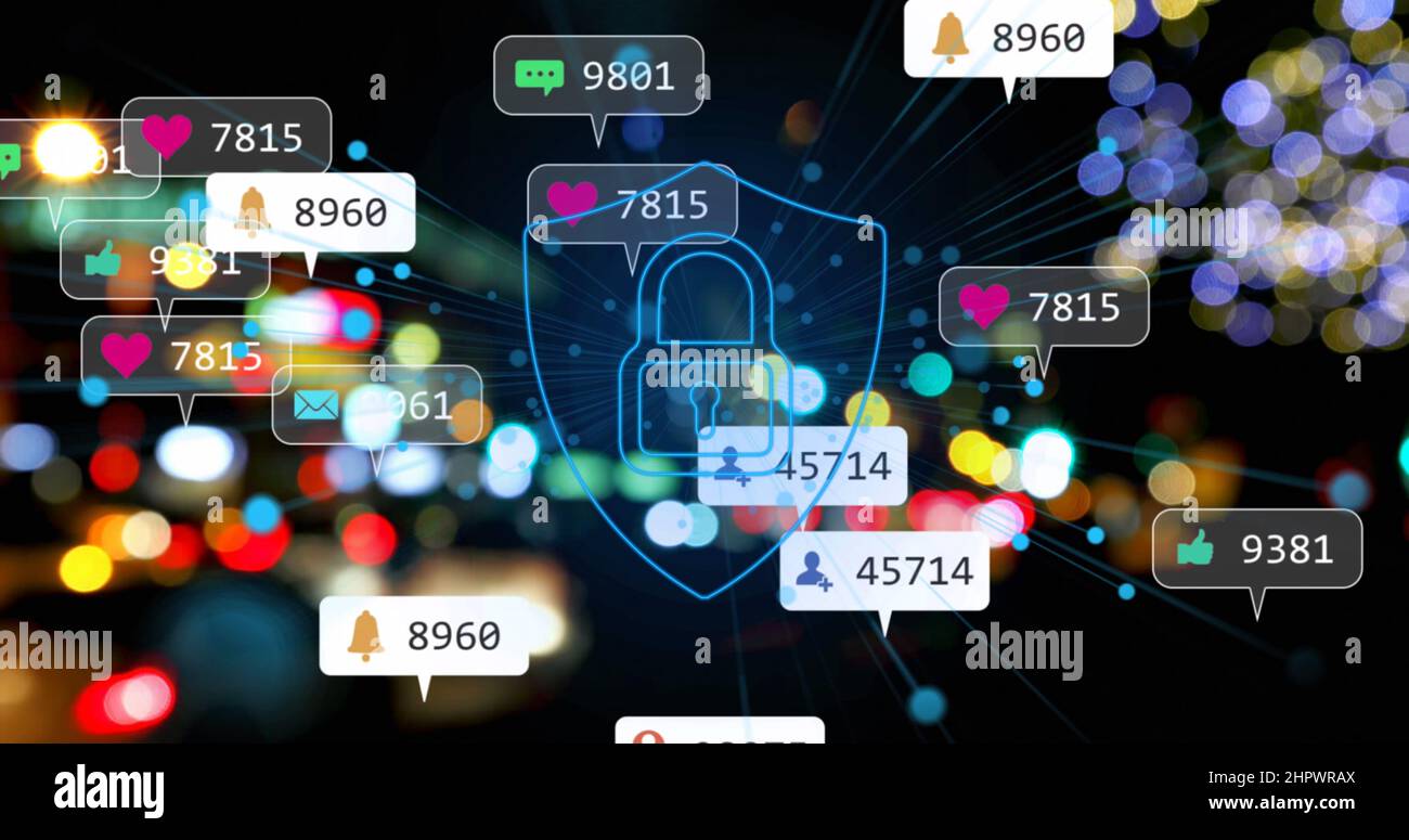 Image of social media icons and padlock over blurred lights Stock Photo ...
