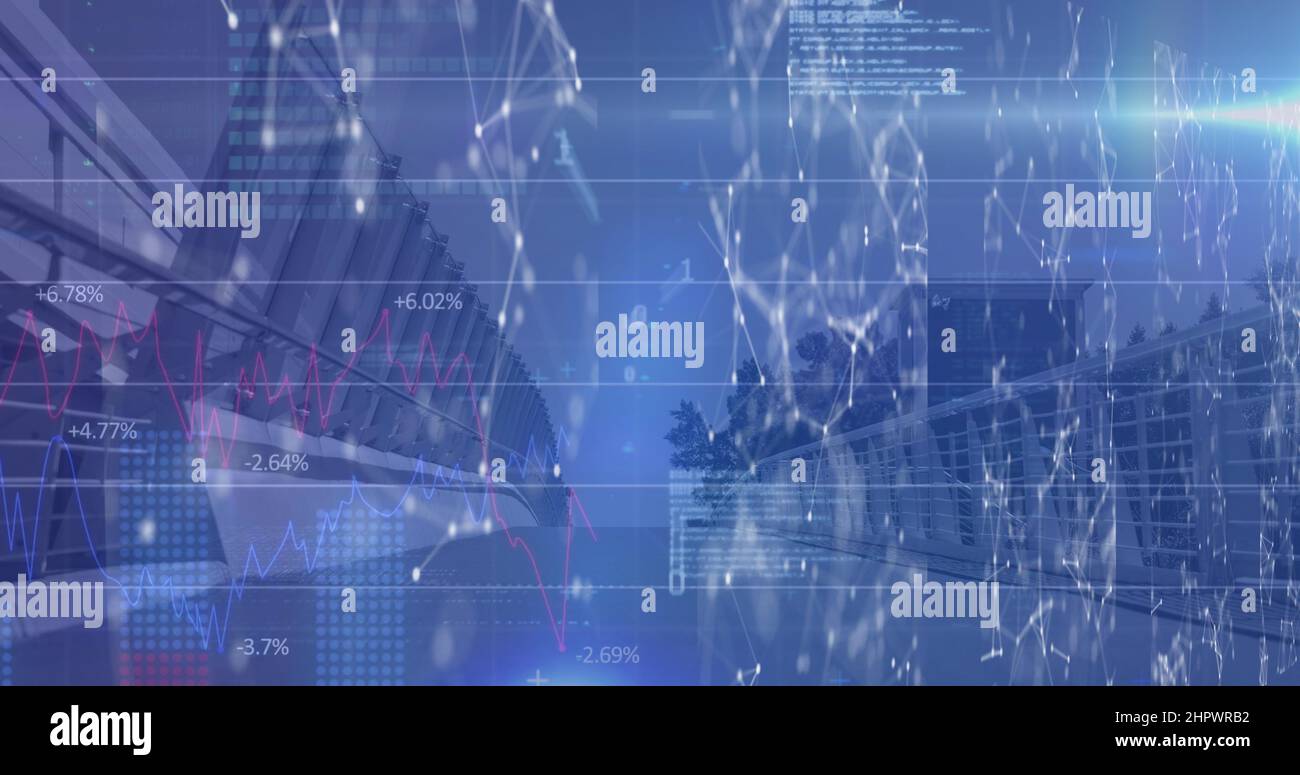 Network of connections and data processing against city bridge in ...