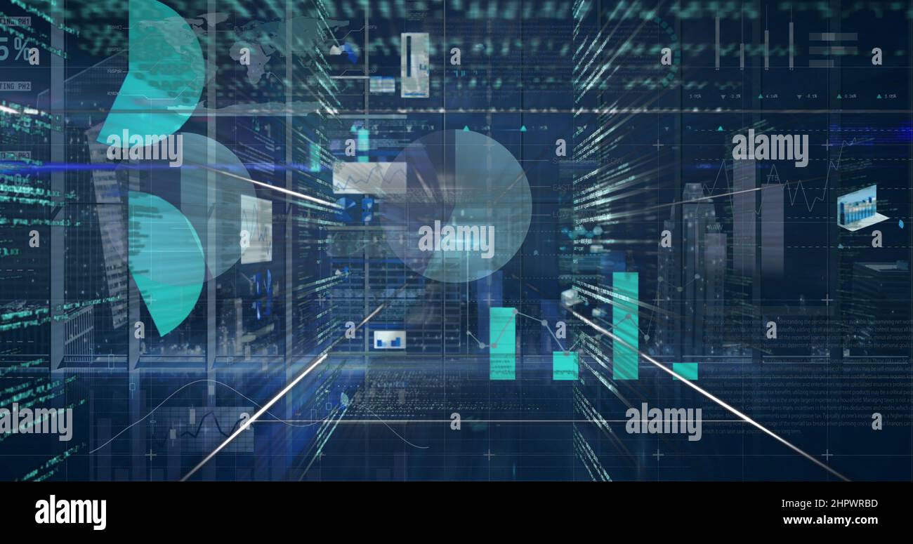 Multiple screens with statistical data processing over cityscape ...