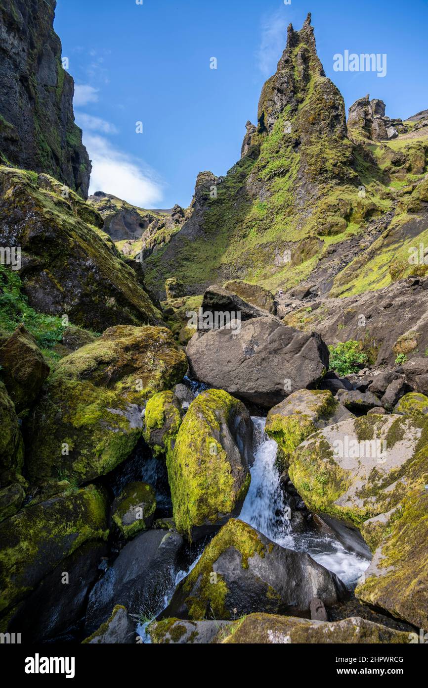 River in a gorge, landscape with mountains, Pakgil, Iceland Stock Photo ...