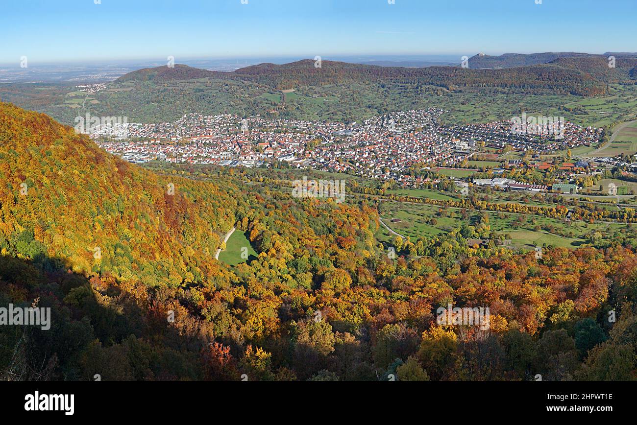 Autumn leaves, view of Dettingen-Erms, Albtrauf and Hohenneuffen Castle ...