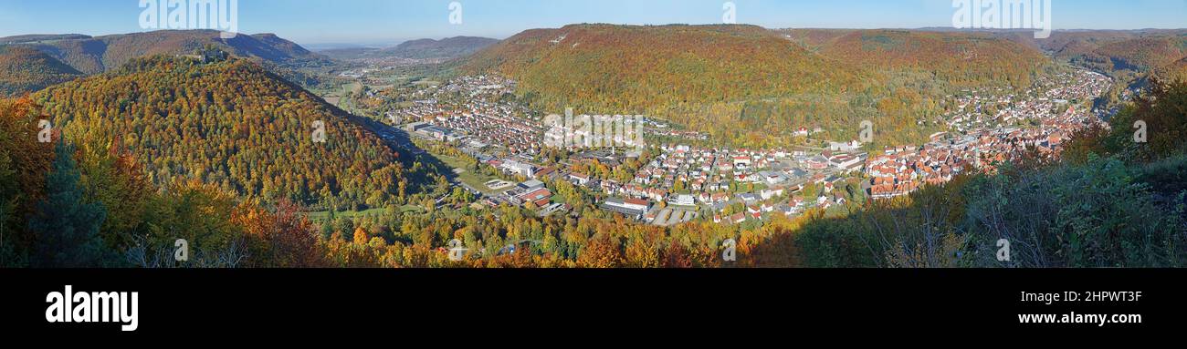 Autumn forest, panoramic view of Hohenurach Ruin and Alb ridge, Bad ...