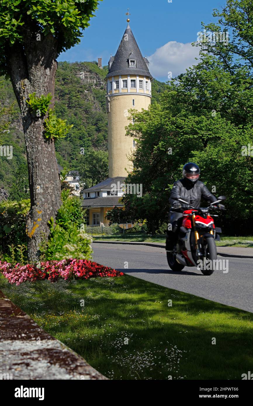 Motorcyclist, biker, spring tower, Bad Ems, Rhineland-Palatinate ...