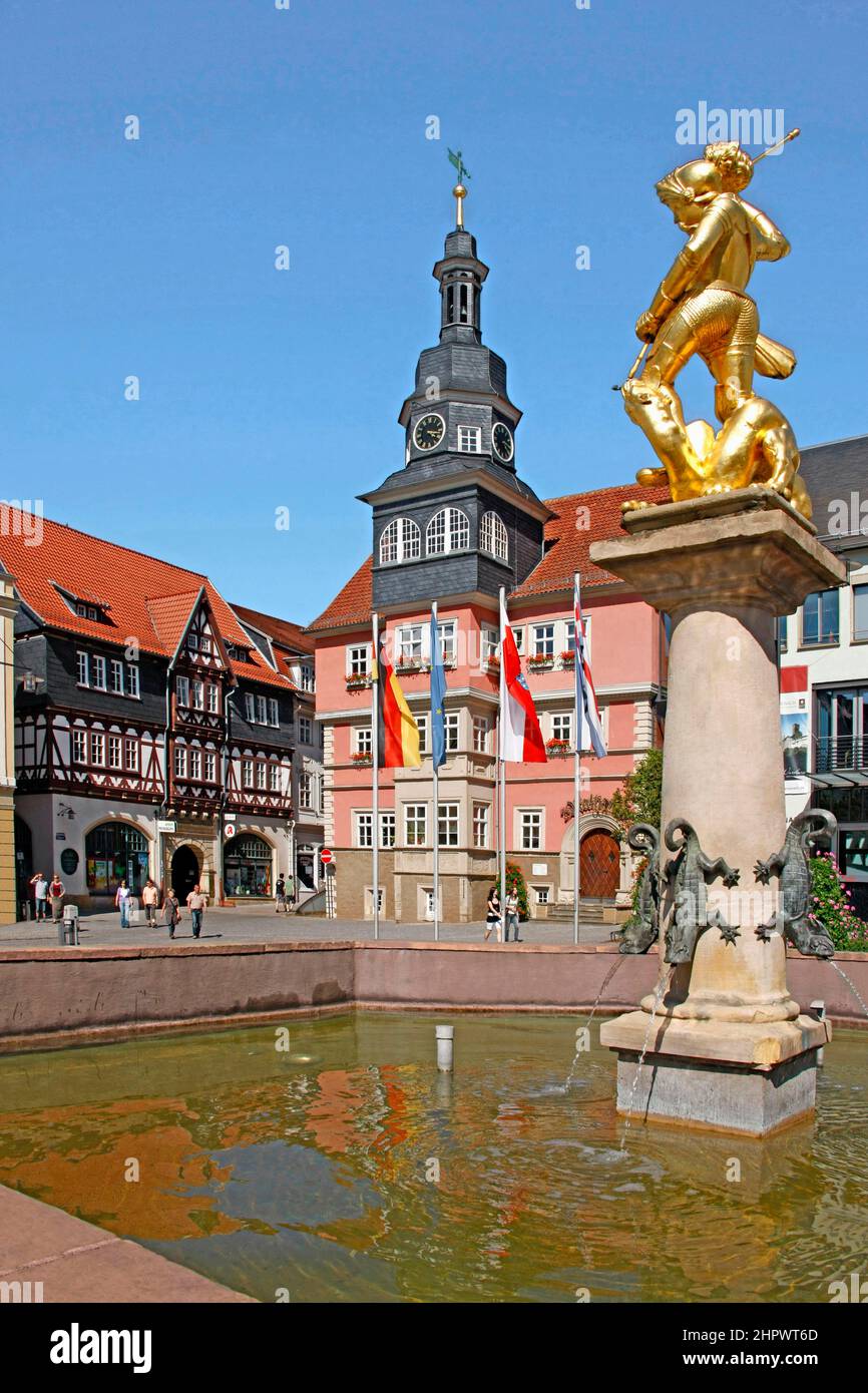 Market square, historic town hall, fountain, fountain figure of St ...