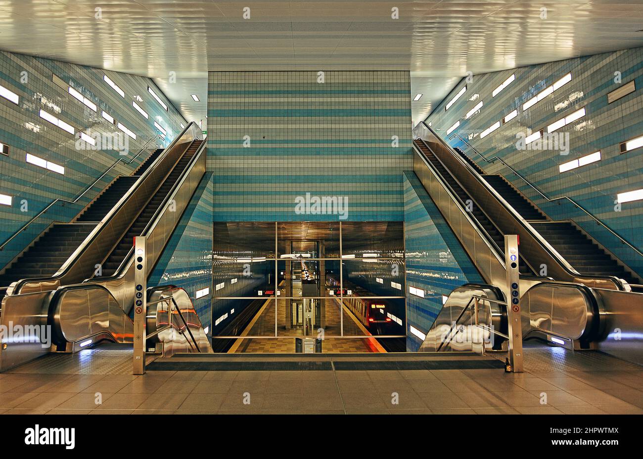 Two escalators, underground station, Ueberseequartier Hamburg, Germany ...